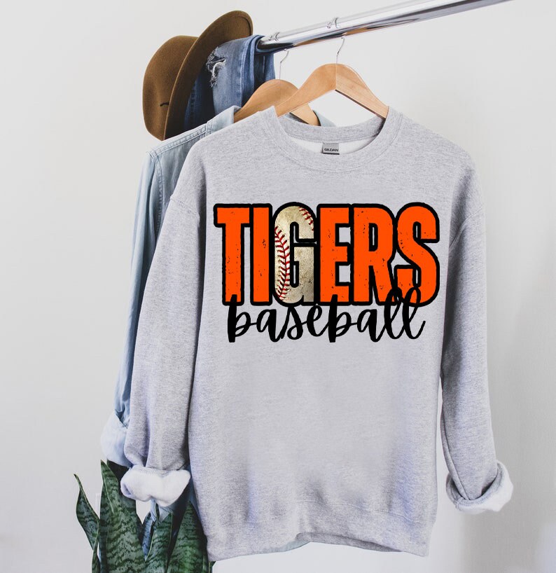 'Tigers Baseball' Bold Orange Text with Baseball Texture and Script ...