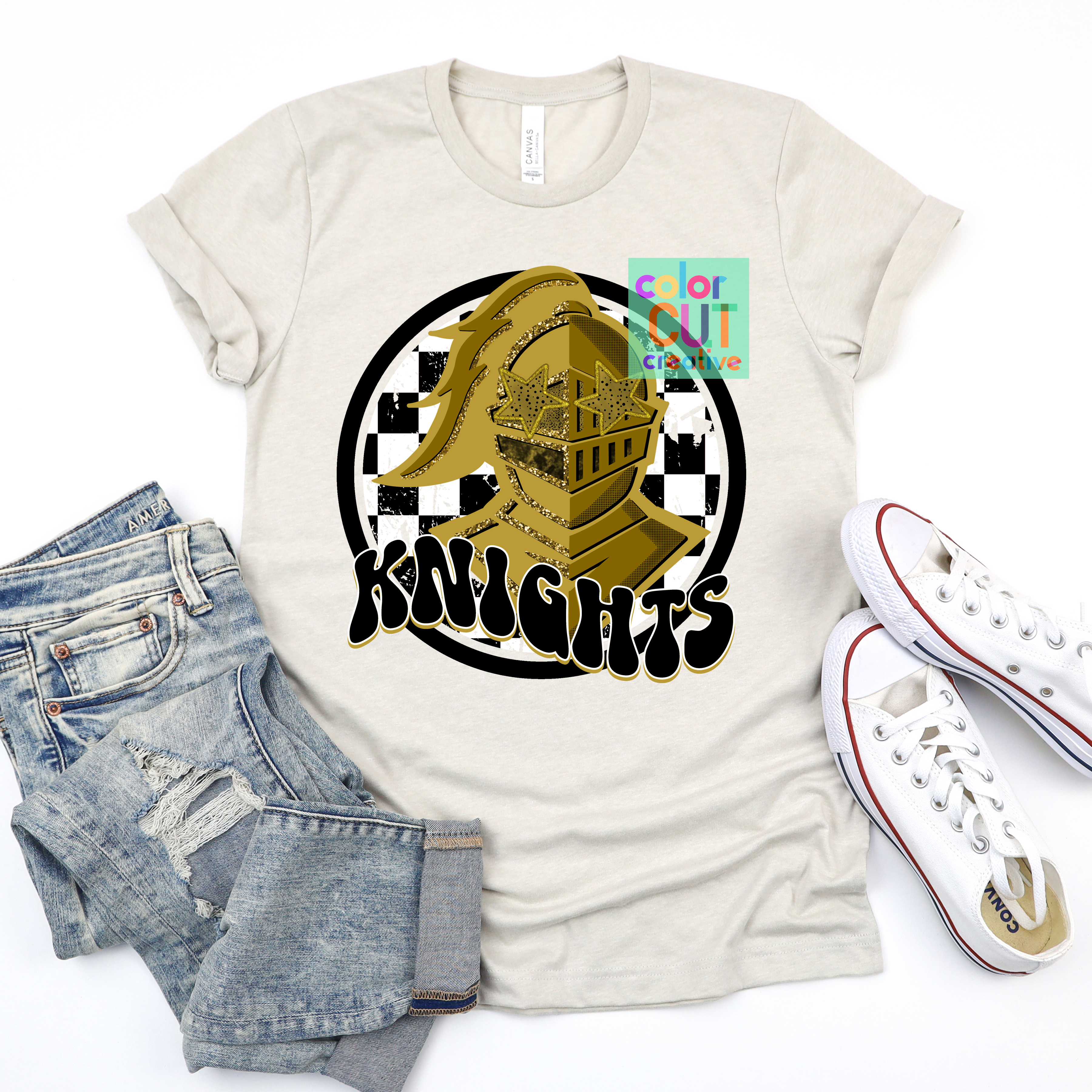 'Knights' Golden Medieval Helmet with Checkered Background | Jiffy Designs