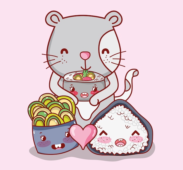 Cute Cartoon Rat Enjoying Ramen and Sushi Treats | Jiffy Designs