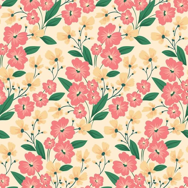 Vibrant Coral Floral Pattern with Green Leaves on Beige | Jiffy Designs