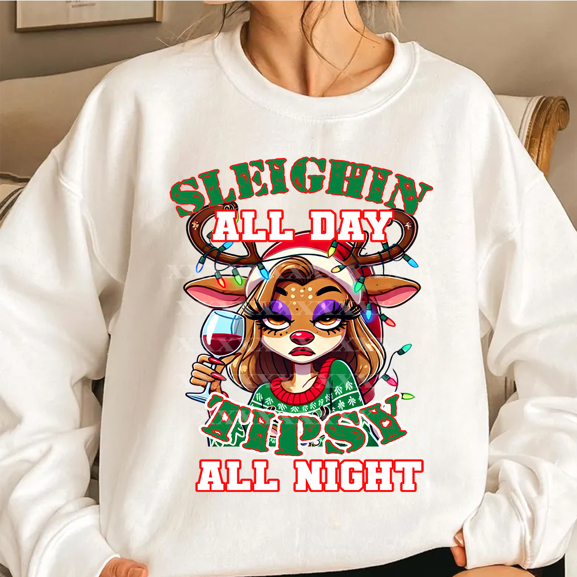 'Sleighin' All Day Sips All Night' Festive Reindeer Cartoon Design ...