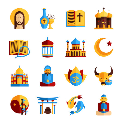 Religion Icon Set With Christian Islamic And Oriental Symbols Isolated ...