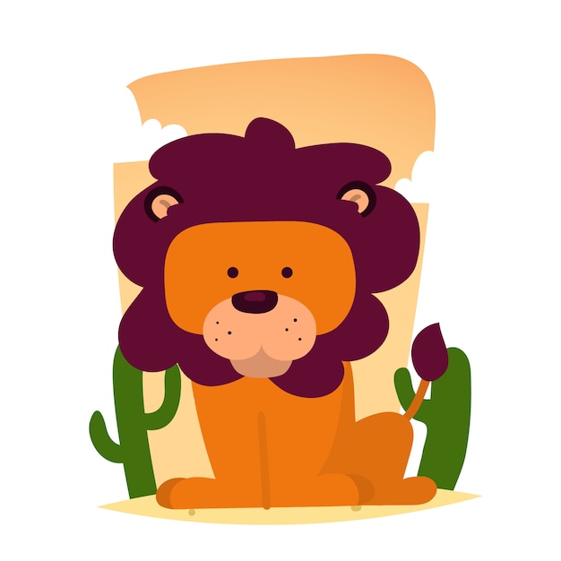 Cute Cartoon Lion Illustration with Cactus and Sunset Background ...