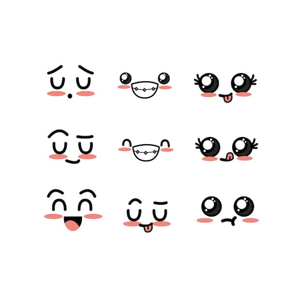 Vibrant Kawaii Facial Expressions Collection with Diverse Emotive Eyes ...