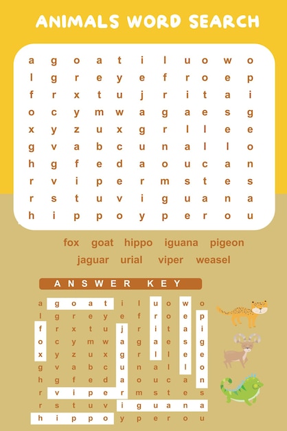 Vibrant Animals Word Search Puzzle with Key | Jiffy Designs