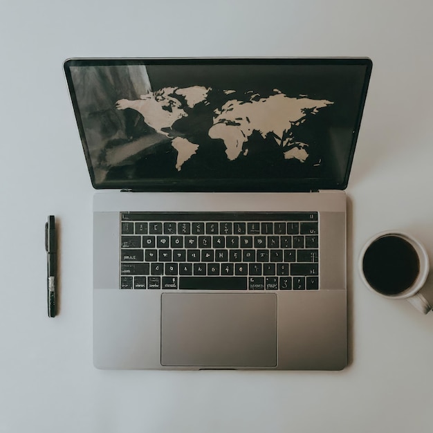 Sleek Laptop with World Map Display and Minimal Workspace | Jiffy Designs