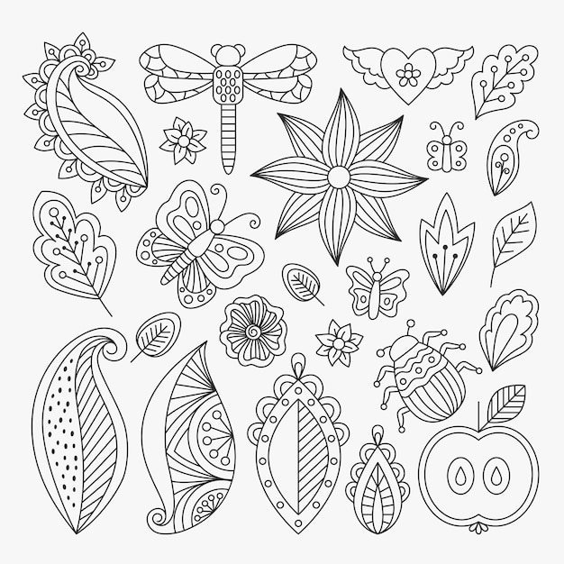 Intricate Monochrome Nature Elements and Floral Design Collection ...