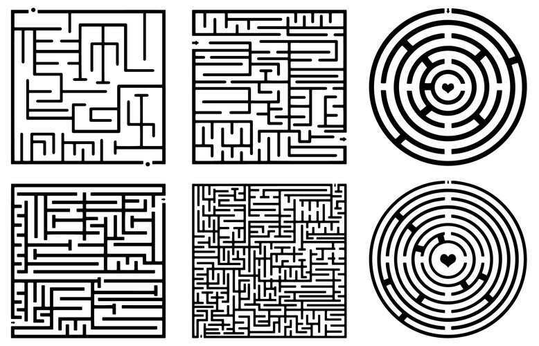 Set Of Different Maze Illustrated On White Background | Jiffy Designs