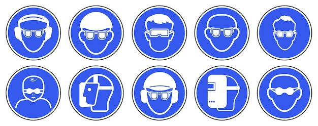 Vibrant Blue Safety Symbols: Protective Eyewear and Headgear Icons ...