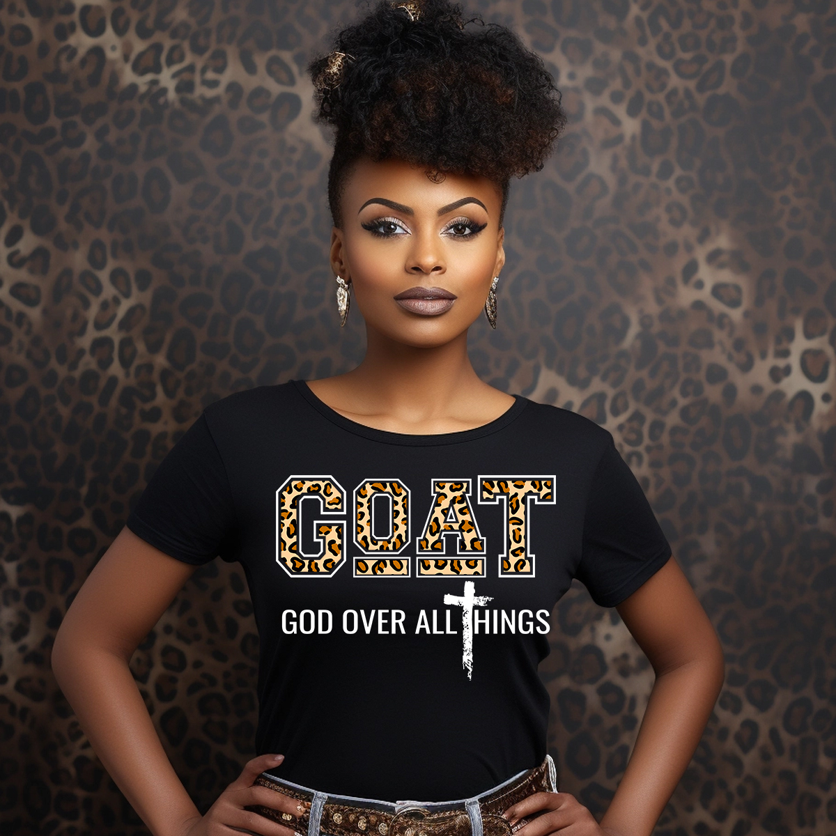 'GOAT' Leopard Print Text with Gold Shimmer on Black Background | Jiffy ...