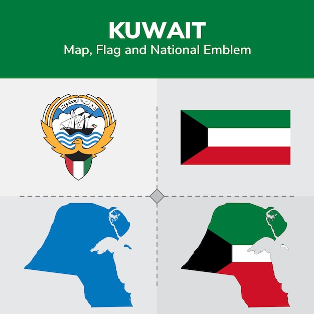 Vibrant Symbols of Kuwait: Map, Flag, and National Crest | Jiffy Designs
