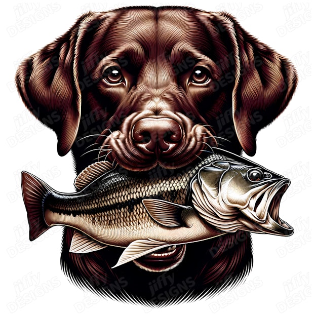 Chocolate Labrador Retriever Holding Fish in Detailed Realistic Style ...