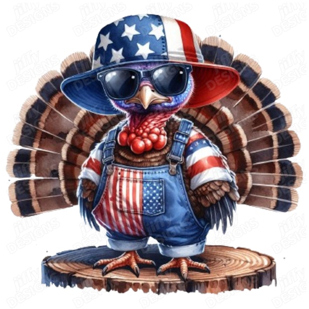 Patriotic Turkey Sporting Stars and Stripes Attire on Rustic Wood Slice ...