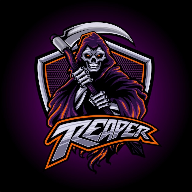Fearsome Reaper Mascot Emblem with Scythe and Shield | Jiffy Designs