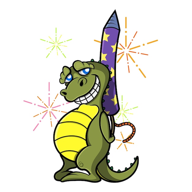 Cheerful Cartoon Dinosaur Celebrating with Fireworks | Jiffy Designs