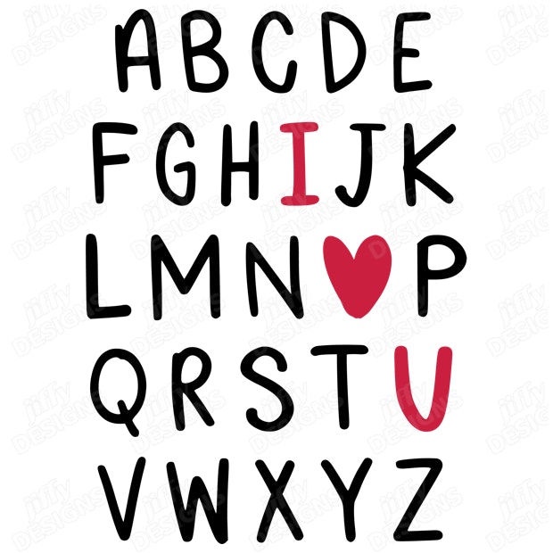 Alphabet with Heart Hand-drawn Letters in Black and Red | Jiffy Designs