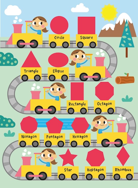 Playful Geometric Train Journey Through Vibrant Landscapes | Jiffy Designs