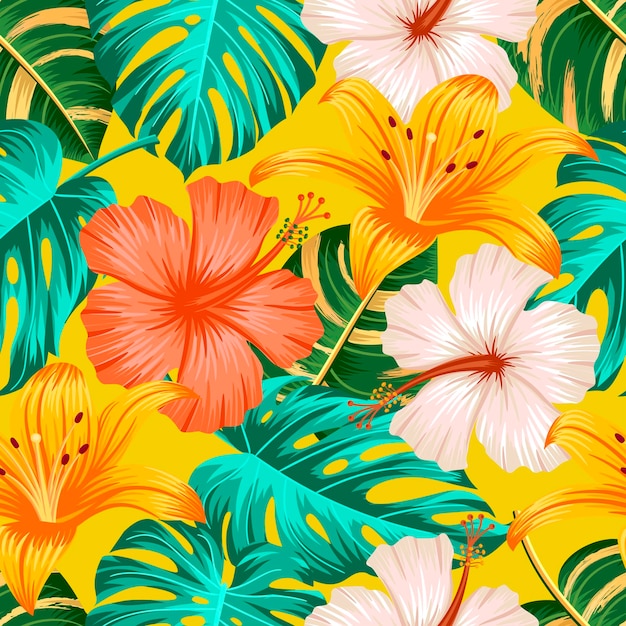 Vibrant Tropical Floral Pattern with Hibiscus and Monstera Leaves ...