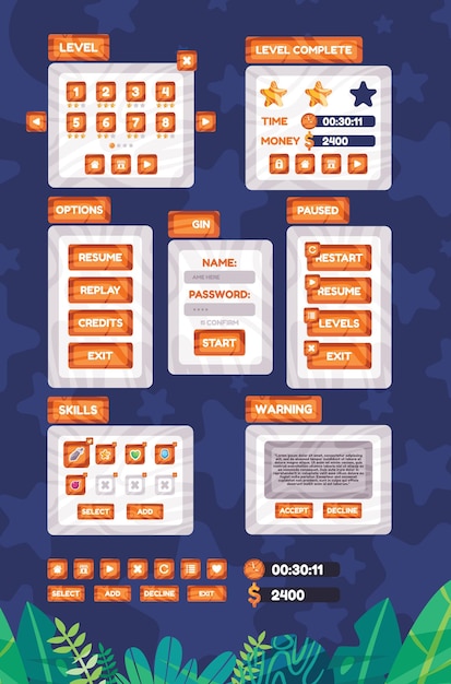 Vibrant Game Interface Elements with Foliage Backdrop | Jiffy Designs