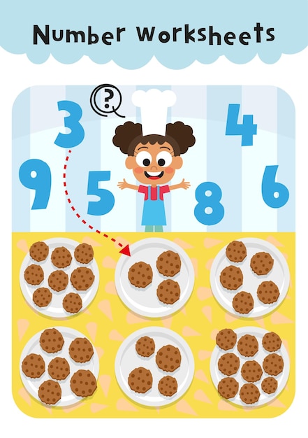 Cheerful Child Counting Cookies on Number Worksheets | Jiffy Designs