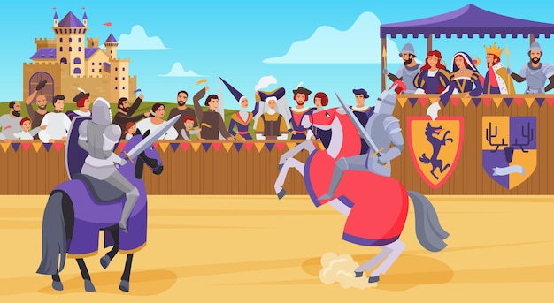 Lively Medieval Tournament with Knights, Crowds, and Colorful Banners ...