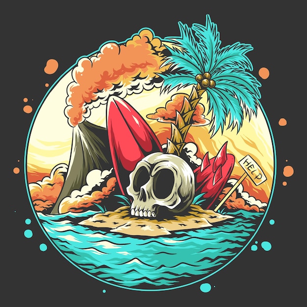 Tropical Adventure: Skull, Surfboard, and Erupting Volcano | Jiffy Designs