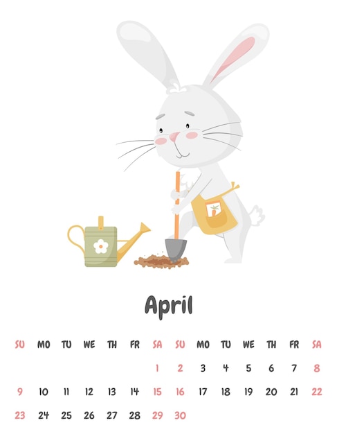 Whimsical Bunny Gardener April Calendar Illustration | Jiffy Designs