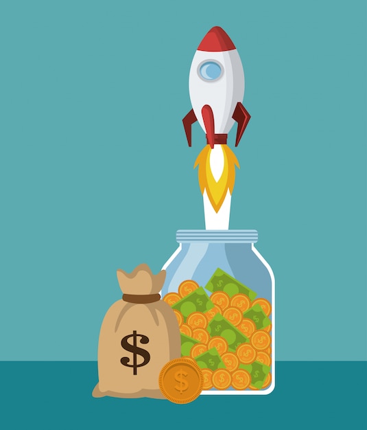 Rocket Launching from Money Jar with Dollar Bag Illustration | Jiffy ...