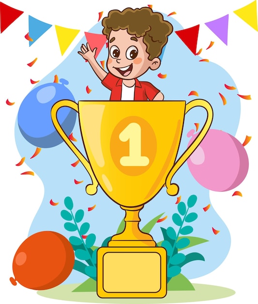 Cheerful Boy Celebrating Victory with Trophy | Jiffy Designs