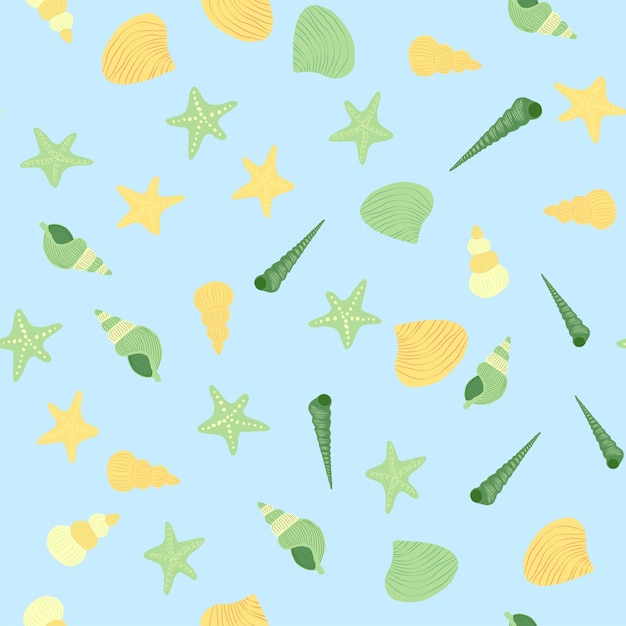 Vibrant Seashell and Star Pattern on Pale Blue Background | Jiffy Designs