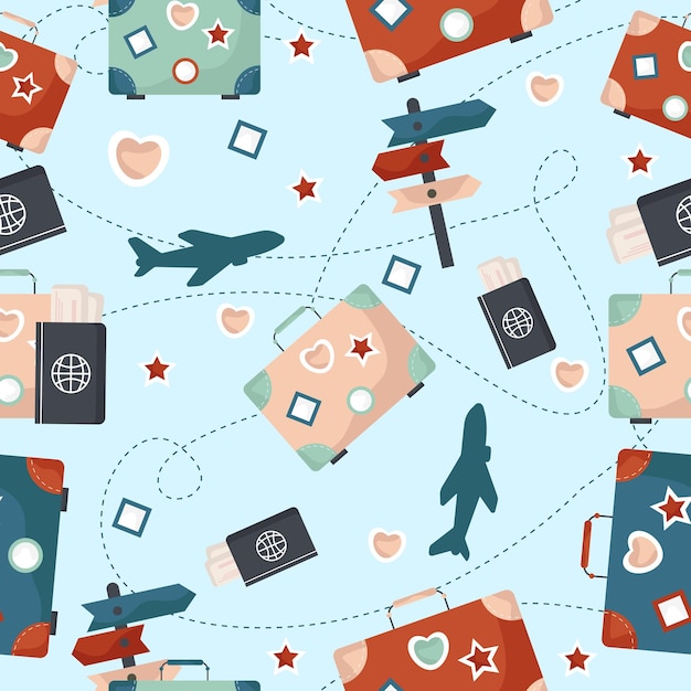 Whimsical Travel-Themed Pattern with Planes, Luggage, and Geometric ...