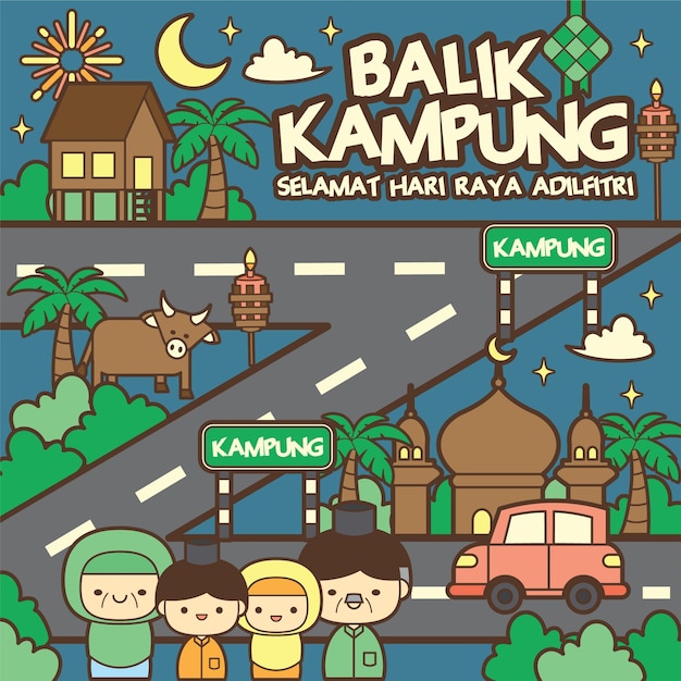 Vibrant Balik Kampung Celebration with Homes, Crescent Moon, and People ...