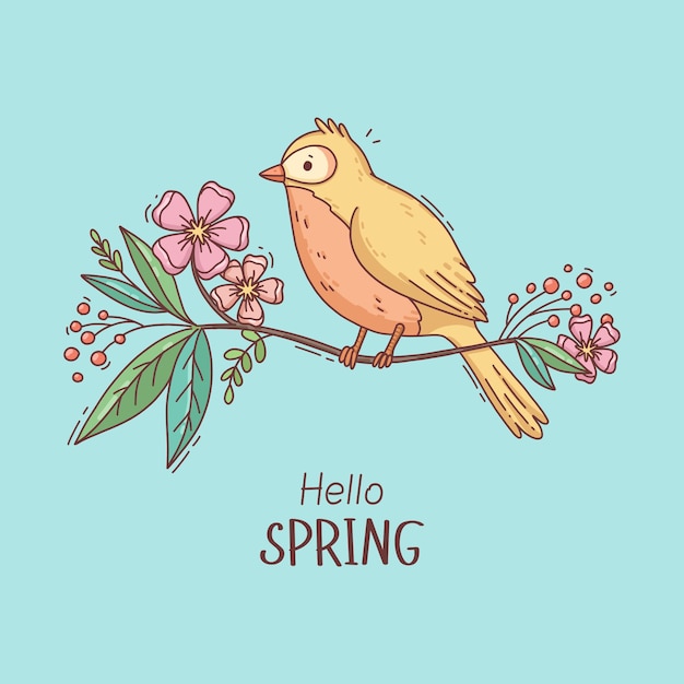 Cheerful Spring Bird Illustration with Blossoming Flowers | Jiffy Designs
