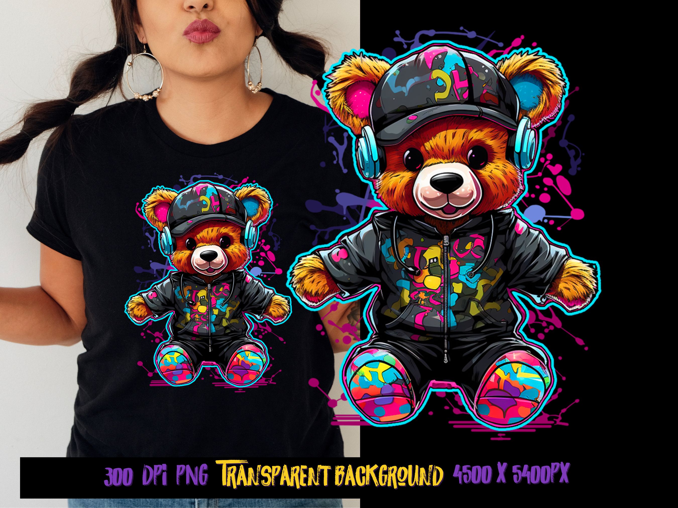 Hip Hop Teddy Bear Adorned in Vibrant Splatter Paint and Headphones ...