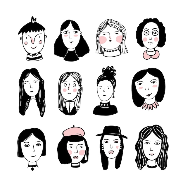 Diverse Collection of Stylized Female Faces in Black and White | Jiffy ...