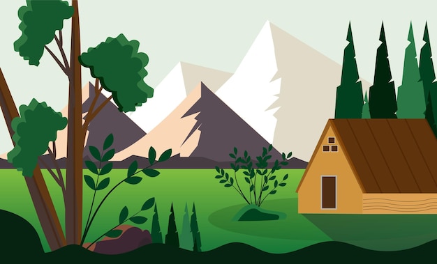 Serene Mountainside Landscape with Cozy Cabin and Lush Foliage | Jiffy Designs