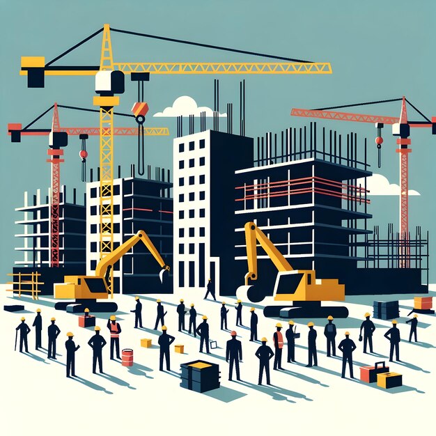 Bustling Construction Site: Cranes, Scaffolding, and Busy Workers ...