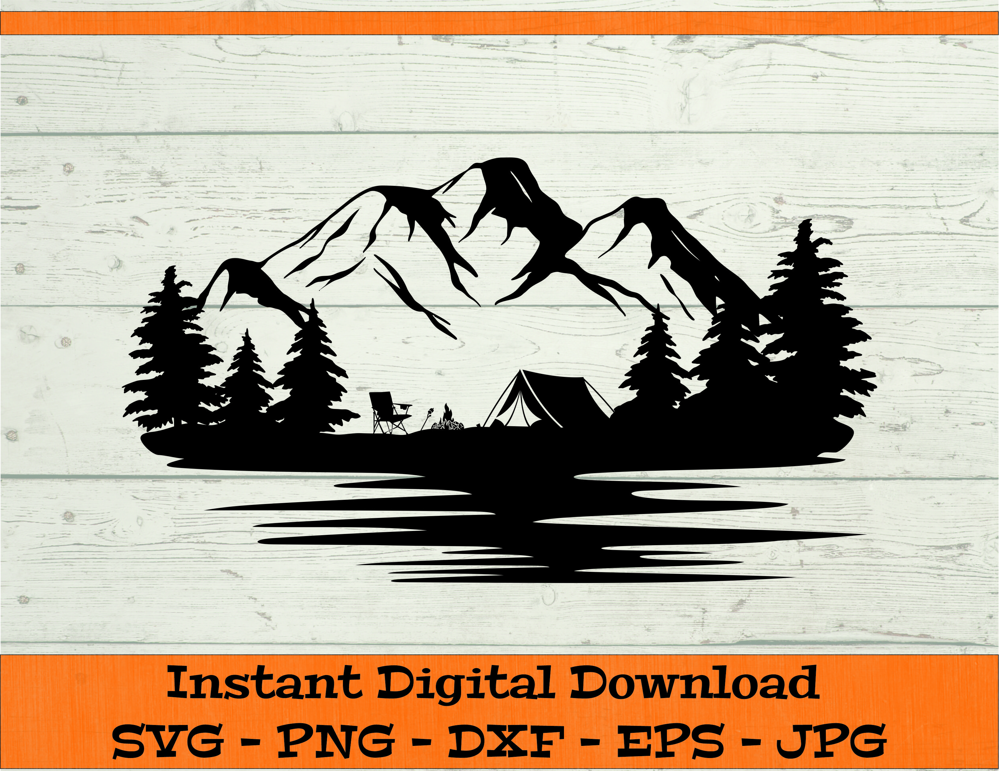 Mountain Campsite Silhouette with Rugged Peaks and Tranquil Lake ...