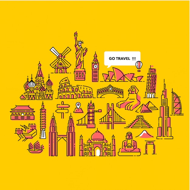 Vibrant Global Landmarks and Monuments on Yellow Backdrop | Jiffy Designs