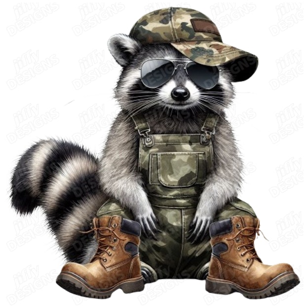 Raccoon in Camouflage Cap and Boots Whimsical Wildlife Illustration ...