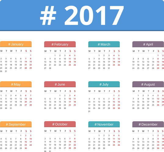 2017 Calendar, Week Starts On Monday, Vector Eps10 Illustration | Jiffy ...