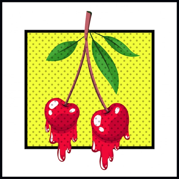 Vibrant Dripping Heart-Shaped Cherries on Dotted Yellow Background ...