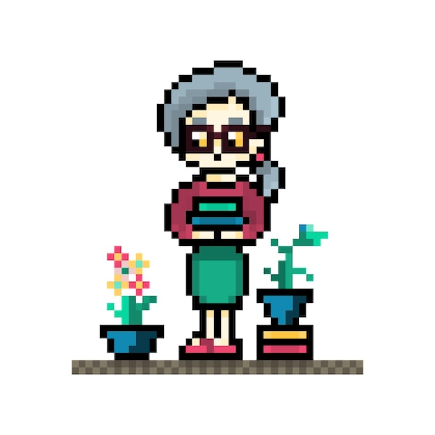 Charming Pixel Art Gardener with Colorful Potted Plants | Jiffy Designs