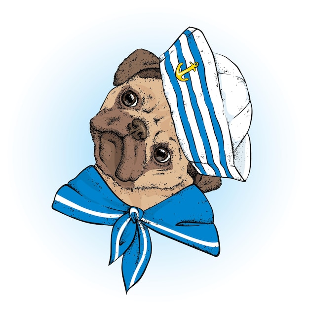 Playful Pug in Sailor Attire with Striped Scarf | Jiffy Designs
