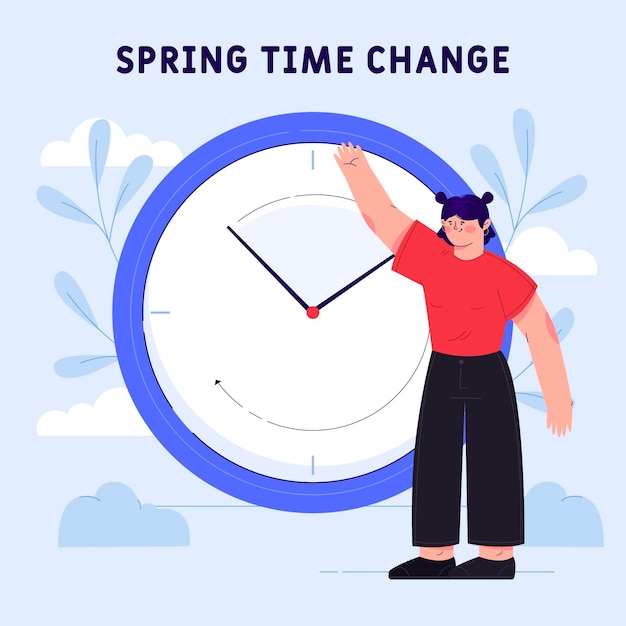 Illustration of Spring Time Change with Clock and Figure | Jiffy Designs