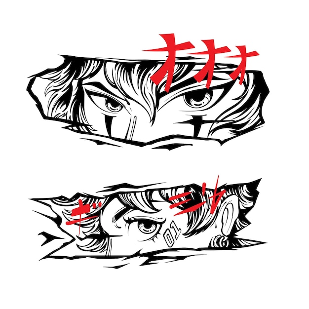 Intense Anime-Inspired Eyes with Dramatic Red Kanji Accents | Jiffy Designs
