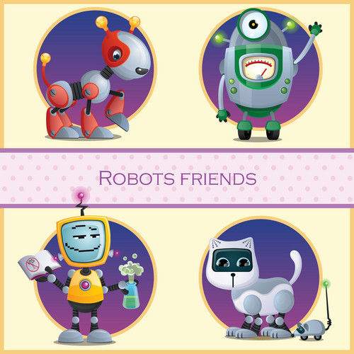 Robots Friend, Four Cartoon Character - Cute Robot Dog, One-Eyed Robot ...