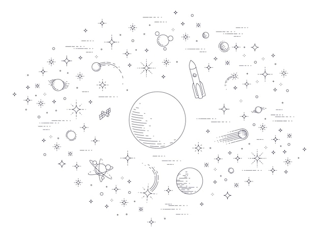 Space Exploration Theme with Planets, Stars, and Rocket Line Art ...