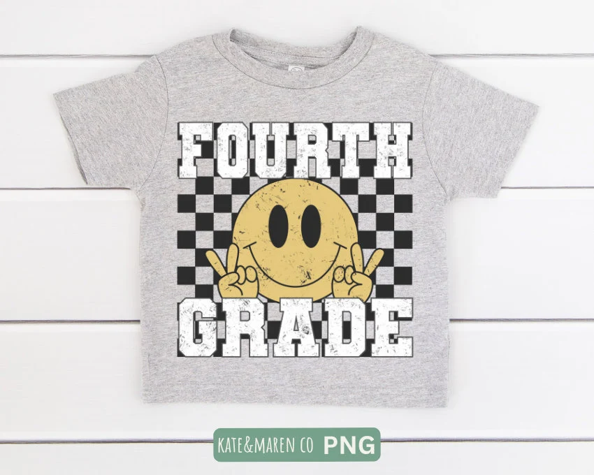 'Fourth Grade' Retro Smiley Face with Peace Signs on Checkered ...