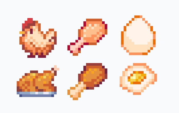 Delectable Pixel Art Poultry Collection: Chickens, Drumsticks, and Eggs ...